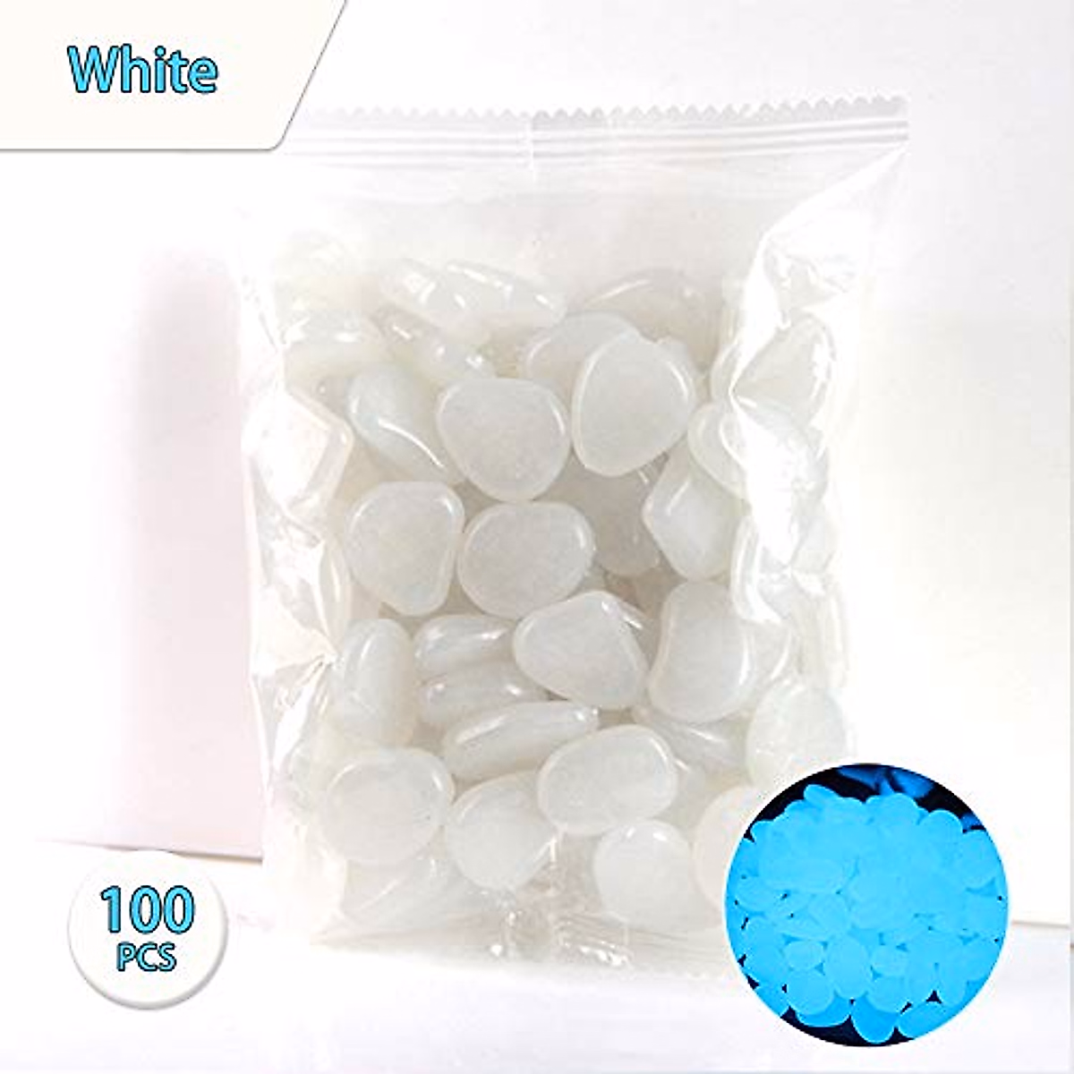 Qguai 100pcs Glow in The Dark Aquarium Rocks Fish Tank Decoration Rocks Stones Aquarium Ornament Glowing Rocks Pebbles for Terrarium Plants Pots Vases Garden Patio Lawn - 0.9" - White…