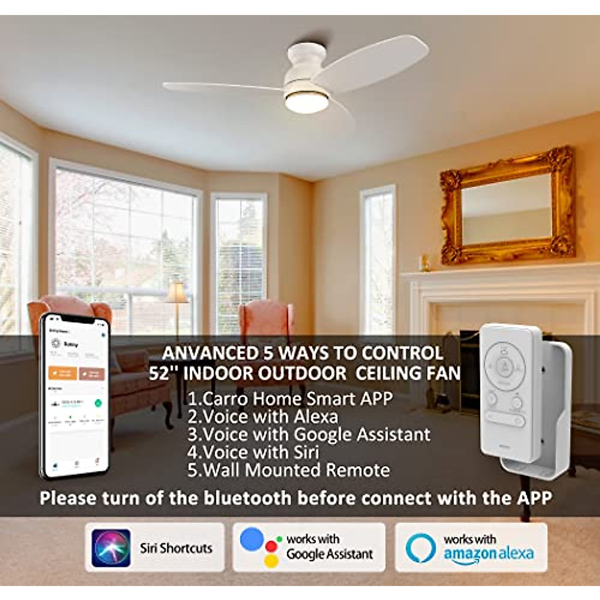 Ceiling Fan with Lights, Indoor & Outdoor,48in Low Profile DC Smart Ceiling Fan Compatible with Alexa, Siri, Google Home & Smart APP, 2 Colors of Reversible Blades, White Gold