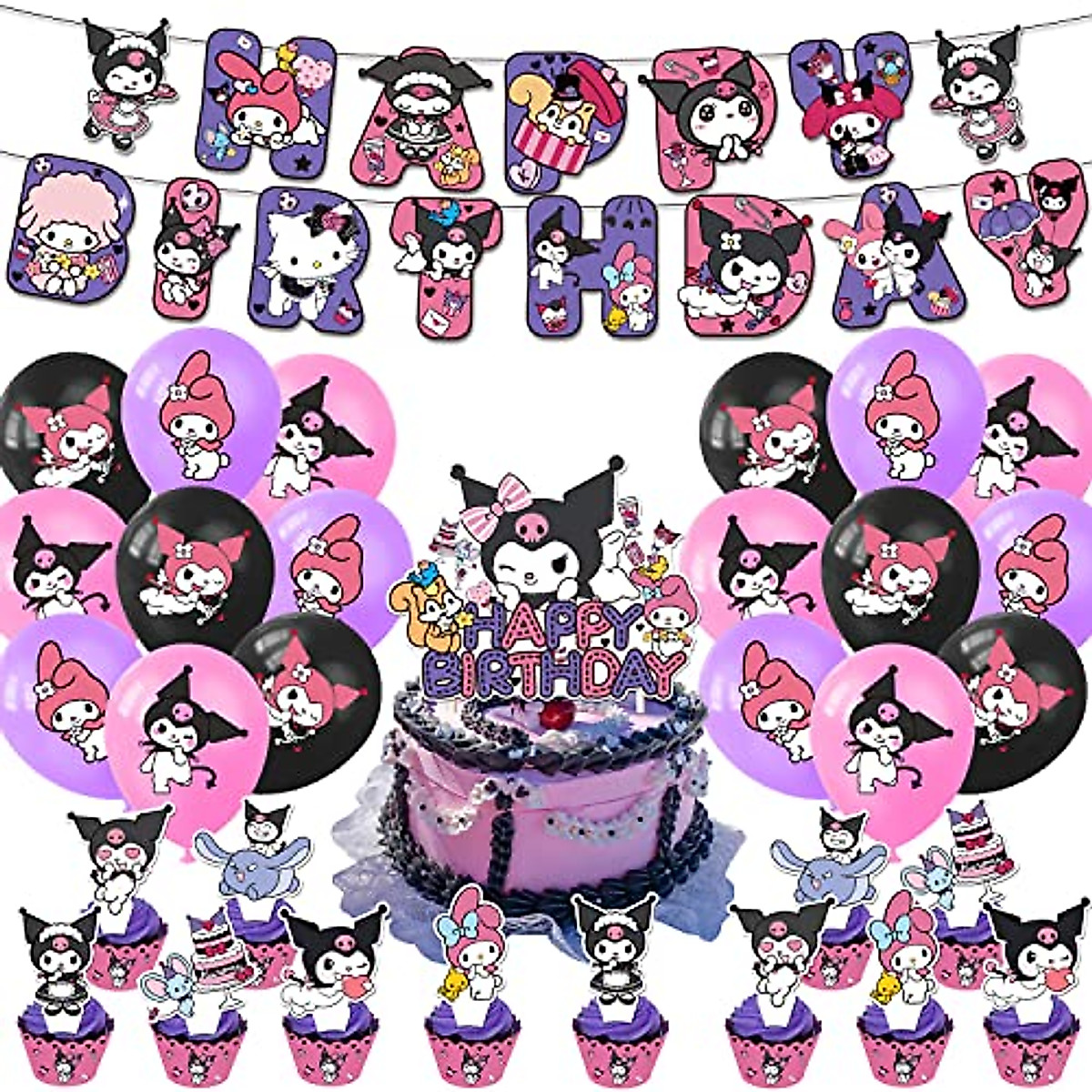 for Kuromi Birthday Party Supplies, Kuromi Party Decorations Included Birthday banner, Cake Topper, Cupcake Topper, Balloon