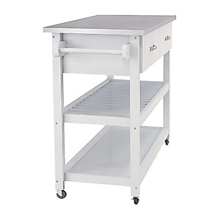 Amposei Kitchen Island 47’’ Stainless Steel Top Rolling Utility Cart on Wheels with Drawers and Storage Shelves (White)