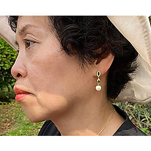 BETHZA Pearl Dangle Earrings for Women 925 Sterling Silver Long Dangle Natural Earrings Gold Plated Stud Earrings with Green Cubic Zirconia Pearl Jewelry for Wife Girlfriend