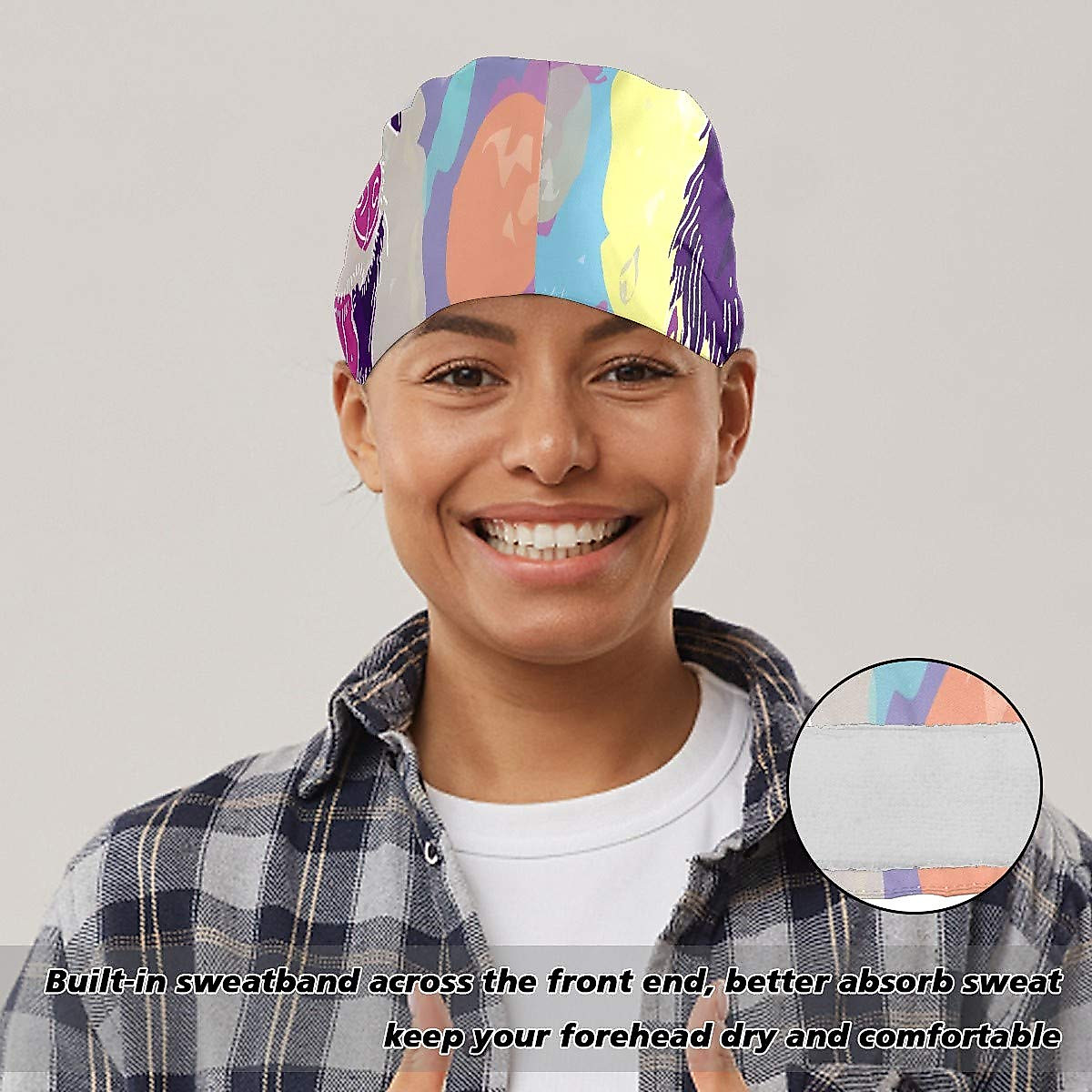 Women's Working Cap with Button and Sweatband, Head Covers Adjustable Tie Back Hat Headwraps Reusable Caps 3D Printed for Men Border Collie Dog Paint Watercolor