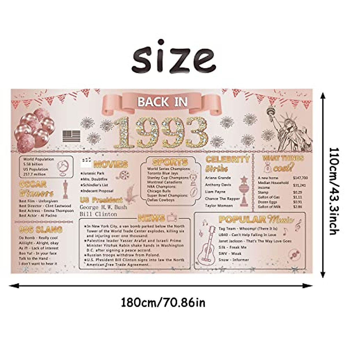 DARUNAXY Rose Gold Back in 1993 Banner, Happy 30th Birthday Party Decorations 30 Year Old Backdrop Party Supplies Pink and Gold Vintage 1993 Birthday Poster for Girls Photography Background for Women