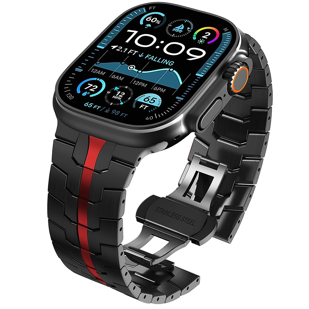 WINGLE Metal Band for Apple Watch Band Ultra 2/Ultra Band 49mm Men, Series 10 46mm, 9/8/7 45mm, SE/6/5/4 44mm, 3/2/1 42mm, Stainless Steel Bands with Folding Clasp iWatch Strap Bracelet, Black/Red