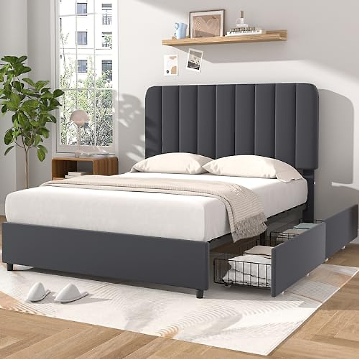VECELO Queen Size Upholstered Bed Frame with 4 Drawers and Adjustable Headboard, Velvet Platform Storage Bedframe Mattress Foundation, Wooden Slats Support, No Box Spring Needed, Dark Grey