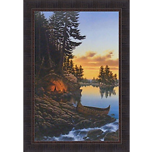 Home Cabin Décor Evening Glow by Derk Hansen 24x34 Canoe Tent Camping Sunset Lake River Framed Art Print Picture