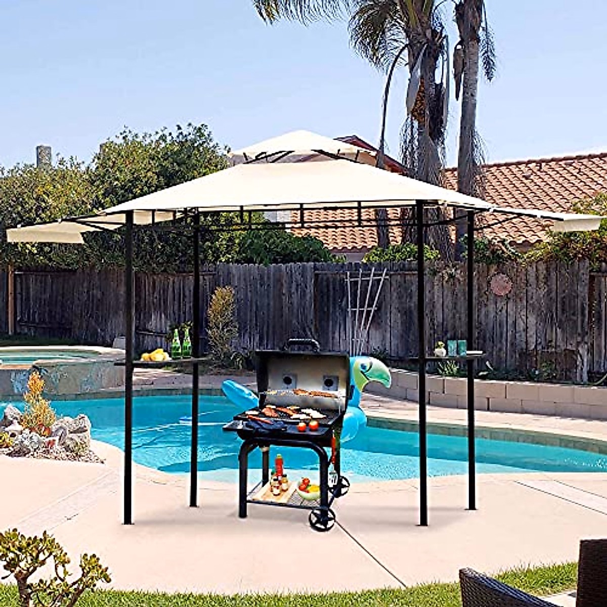 Merax Gazebo - 12Ft x 4.3Ft, Iron Double Tiered Outdoor Canopy with Bar Counters, for Patio Garden Backyard BBQ Grill, Beige