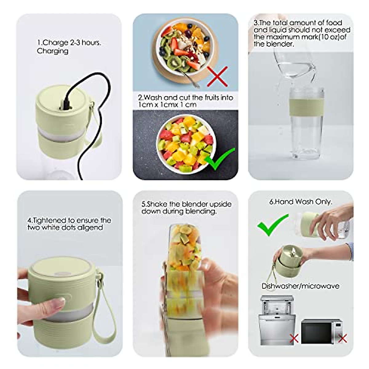 2BK Sports Blender Cup, One-handed Drinking Mini Blender for Shakes and Smoothies,Personal Blender with Rechargeable USB, Made with BPA-Free Material Portable Juicer, Vivid Green