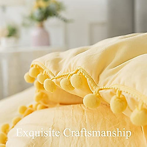 Caressma Pom Pom Fringe Boho Duvet Cover Set Queen Size, Soft Washed Microfiber 3pcs Bedding Duvet Cover, All Season Yellow Comforter Cover Set with Zipper Closure (1 Duvet Cover+2 Pillowcases)