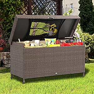 YITAHOME 200 Gallon Large Wicker Deck Box w/Storage Net, Rattan XL Outdoor Storage Box Patio Cushion Storage, Waterproof Storage Box for Patio Furniture, Garden Tools, Pool Sports Equipment (Brown)