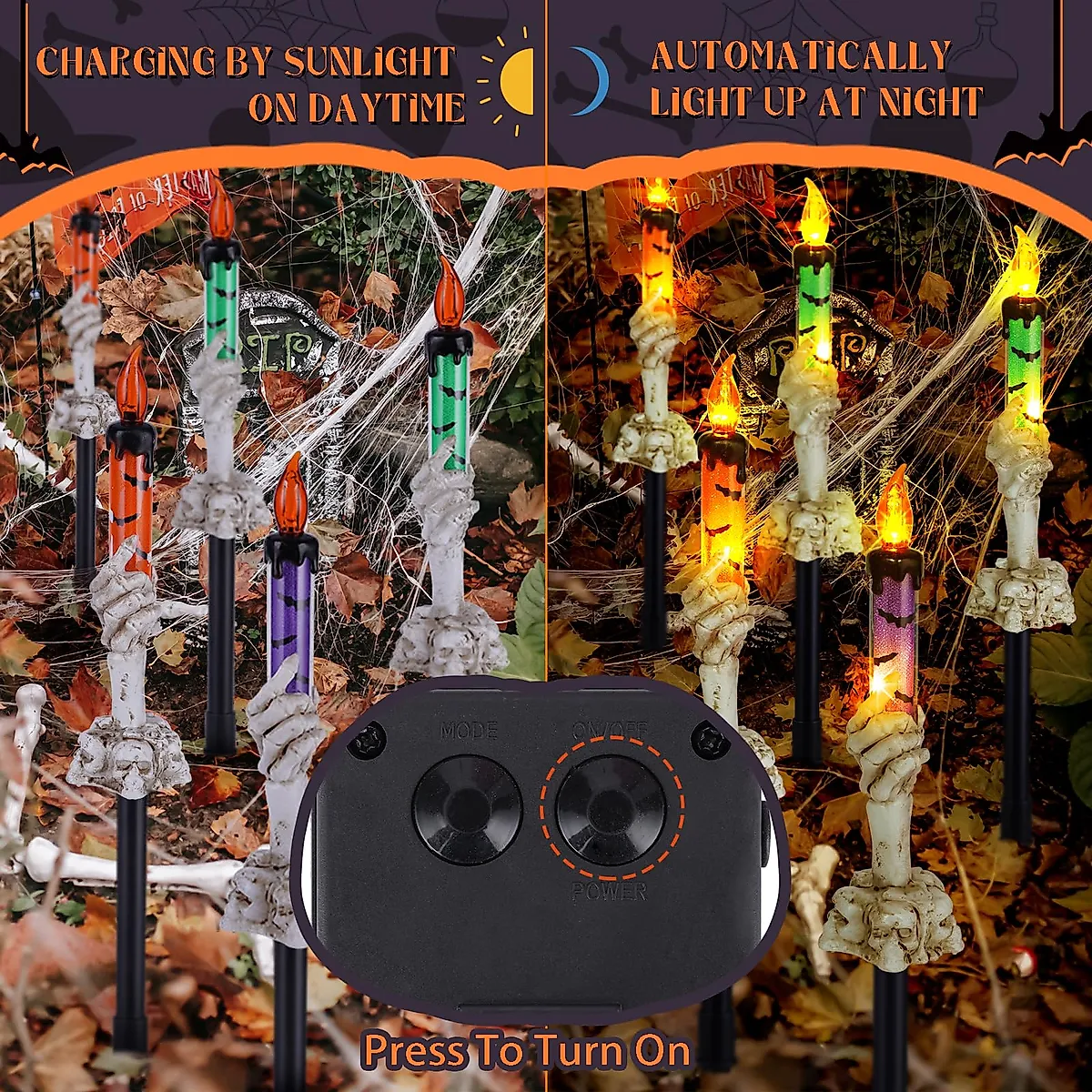 Solar Halloween Pathway Lights Outdoor 5 Pack Solar Halloween Stake Lights Skeleton Hands Hold Candle 2 Modes Halloween Decorations Halloween Walkway Lights for Halloween Garden, Yard, Lawn Decor