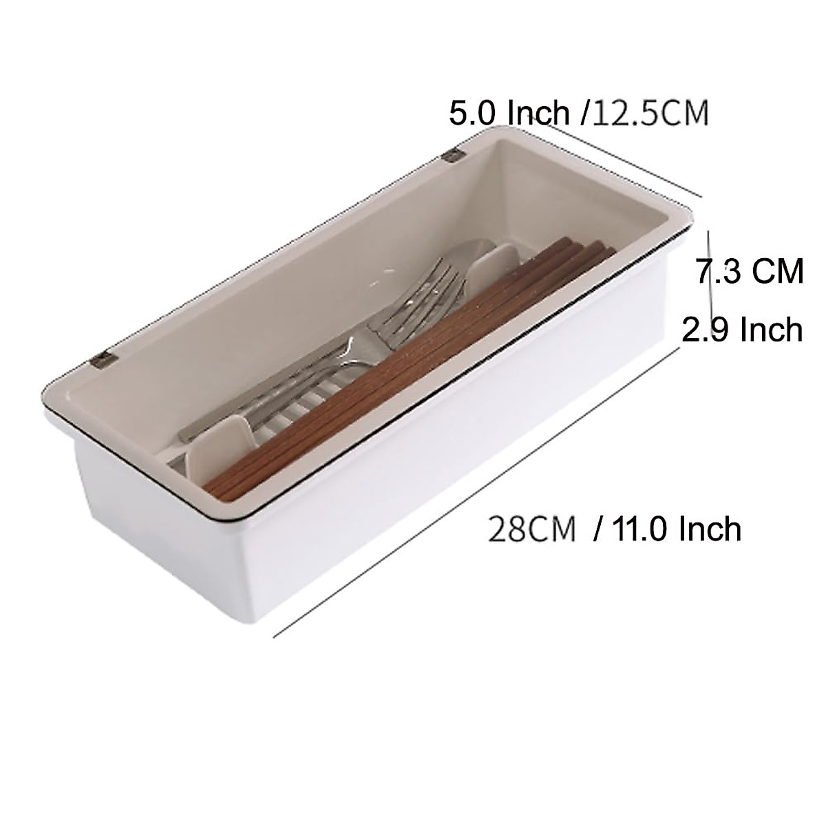 AIYoo Flatware Tray Kitchen Drawer Organizer With Lid And Drainer - Plastic Kitchen Cutlery Tray and Utensil Storage Container with Cover 12.5 Inch - Dinnerware Holder White