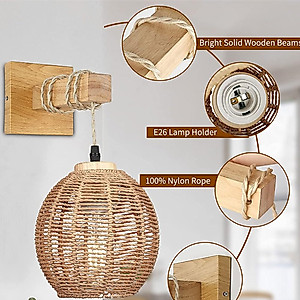 TIGKHAE 2Pcs Bamboo Lantern Wall Sconces Wicker Lamp Cord Hand Woven Rattan Wall Light Lamp Farmhouse Rustic Boho Sconces Wall Lighting for Living Room Bedroom E26