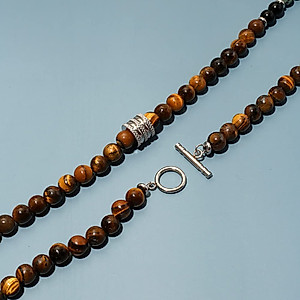 Hovaete 8mm Natural Stone Beads Short Necklace Stainless Steel Beaded Charm Choker Neck Chain Fashion Men and Women Jewelry 21.7 inch(55cm) (tiger eye+black onyx+African turquoise)