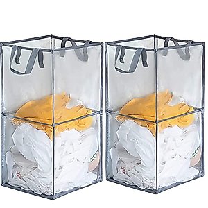 2 PC Folding Mesh Laundry Basket Dorm Laundry Bag Mesh Laundry Hamper Foldable Collapsible Laundry Tote Mesh Baskets Portable Mesh Carrier Pop Up Hamper for Laundry Room, Apartment(Grey, 2 Layer)