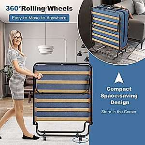 RELAX4LIFE Rollaway Folding Bed with Mattress, Guest Bed with Sturdy Steel Frame & Memory Foam Mattress, Portable Fold Up Bed with Rolling Wheels for Small Space, Office, Camping, Made in Italy (Navy)