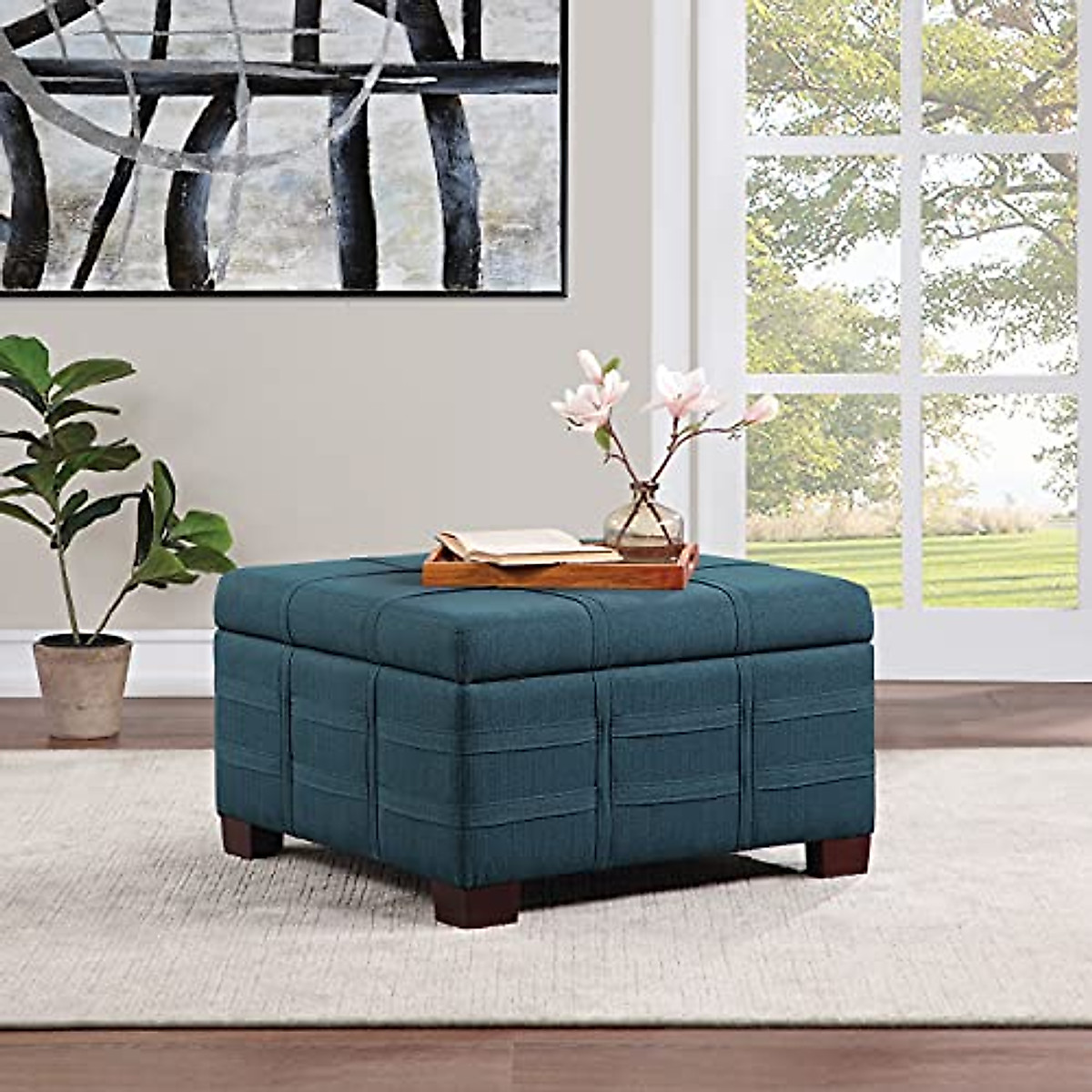 OSP Home Furnishings Detour Strap Square Storage Ottoman with Tray and Solid Wood Legs, Azure Fabric