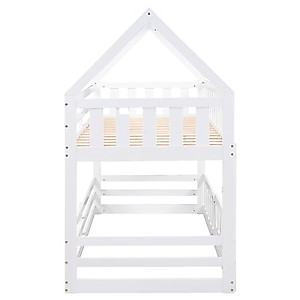 RORIGAT House Low Bunk Bed for Kids,Twin Over Twin Floor Bunk Bed with Fence Railings and Door,Wooden Convertible Playhouse Loft Beds with Ladder for Boys Girls Teens,White