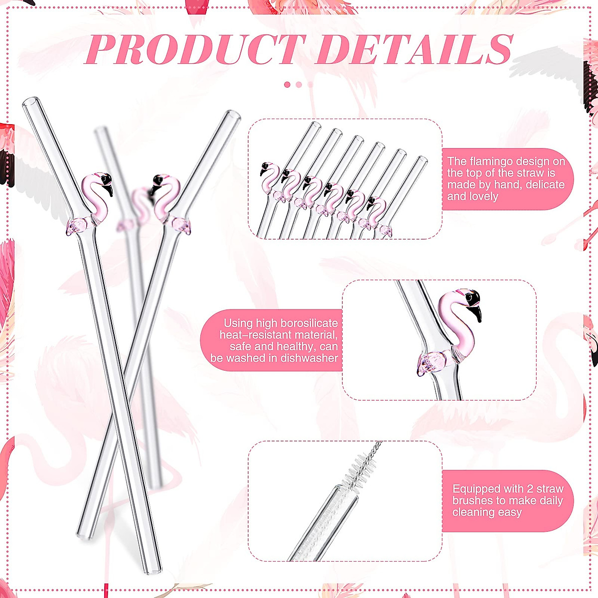 6 Pcs Flamingo Straws 7.9 Inch Bend Glass Straws with Design Flamingo Party Decorations Cute Reusable Straws Pink Flamingo Drinking Straws with 2pcs Cleaning Brush for Cocktail Juice Birthday Supply