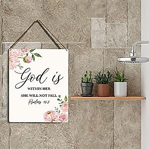 Christian Religious Gifts for Women Inspirational God Is Within Her She Will Not Fall Wall Art Christian Wall Decor Religion Bible Verse Christmas Gifts Decorations Wooden Hanging Sign 8 x 10 Inches