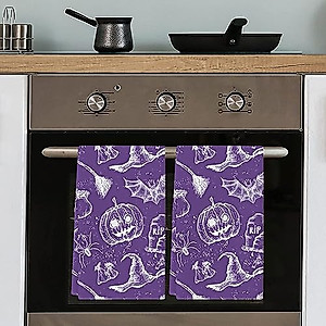 Kitchen Towels Happy Halloween Purple Absorbent Tea Towel Soft Hand Dish Towel Pumpkin Witch Bat Reusable Washable Cleaning Cloth Hand Bath Towels for Bathroom Bar for Everyday Cooking (Pack of 1)