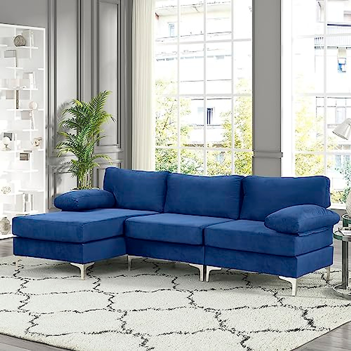 Casa Andrea Milano Modern Velvet Fabric Sectional Sofa, L-Shape Couch with Extra Wide Chaise Lounge