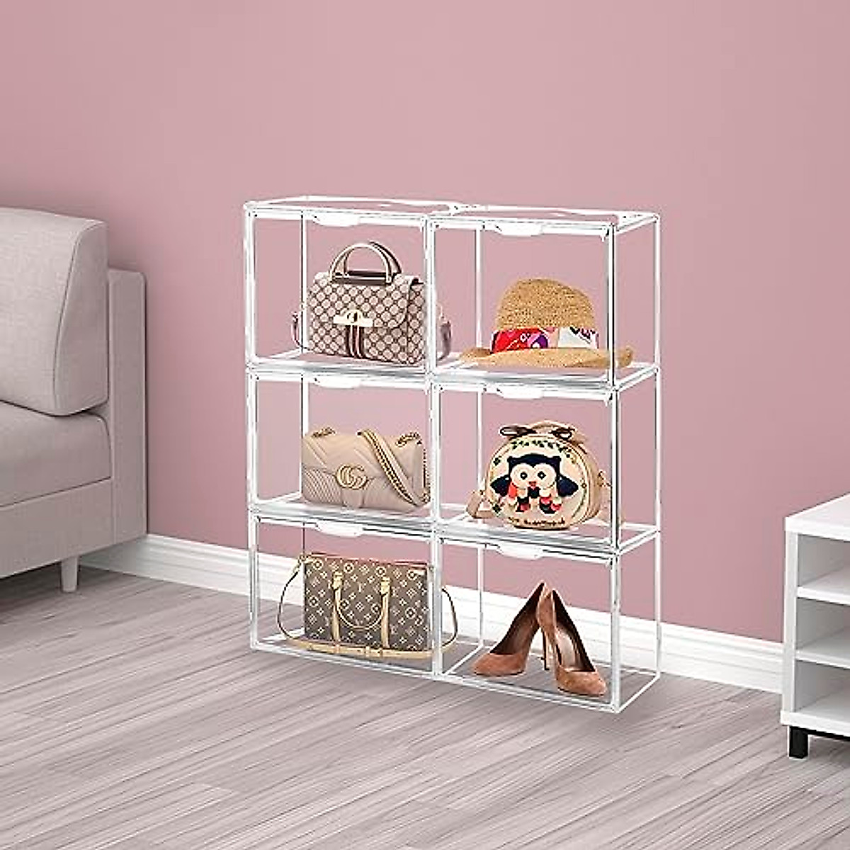 Cutora 3 Pack Clear Handbag Purse Storage Organizers for Closet, Acrylic Handbag Purse Shoes Toy Display Plastic Case, Anti Dust Luxury Stackable Bag Container Box with Magnetic Door for Pocketbook Clutch