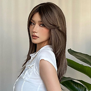 HAIRCUBE Long Brown Wigs for Women Layered Synthetic Hair Wig with Highlight