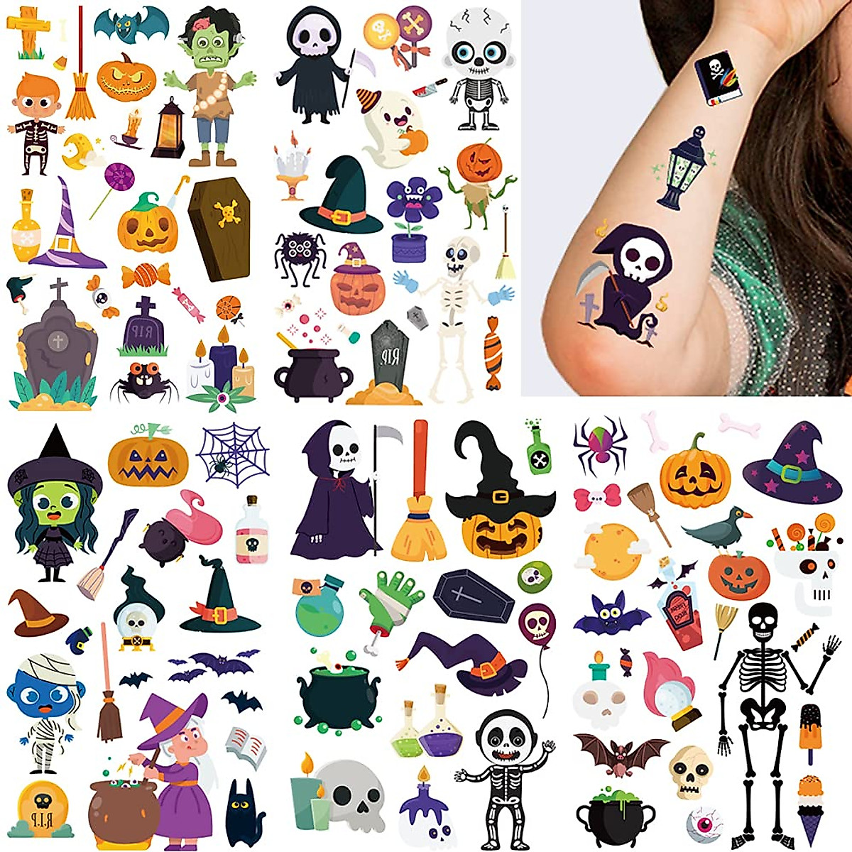 Halloween Temporary Tattoos for Kids, 360PCS Halloween Face Tattoos, Waterproof Cute Cartoon Fake Body Stickers Decorations, Halloween Face Makeup Party Favors Supplies Decor Pumpkin Witch Skull Adult