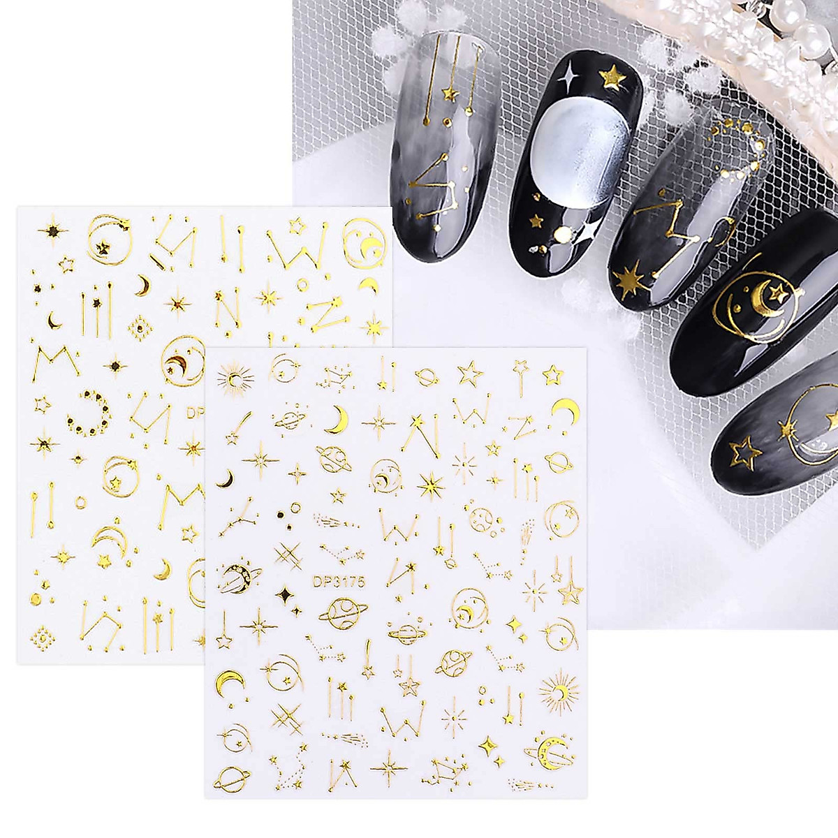 8 Sheets Gold Star Moon Nail Art Stickers Decals Self-Adhesive Metallic Ramadan Zodiac Design Manicure Tips Nail Decoration for Women Girls