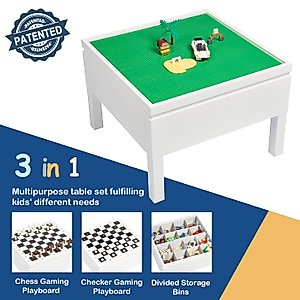 UTEX 3 in 1 Kids Activity Table with Storage, Kids Construction Play Table Compatible with Lego and Duplo Bricks, Chess Table for Building Block, Chess Gaming,Drawing, Crafts