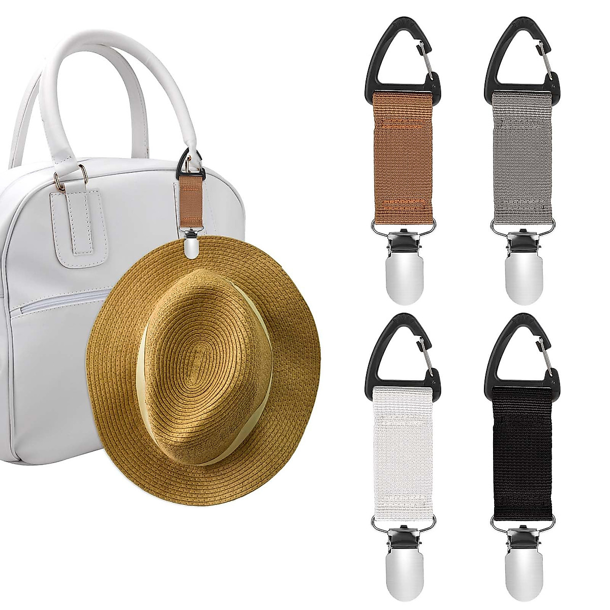 Dimeho 4 Pack Hat Clip Elastic Travel Caps Carrier Strong Hold Baseball Cap Holder Keeper Hands-Free Hats Brim Hanging Hook Traveling Accessories for Sunglasses Keys Backpacks Bags Luggage