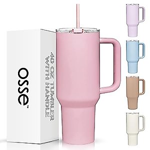 osse 40oz Tumbler with Handle and Straw Lid | Double Wall Vacuum Reusable Stainless Steel Insulated Water Bottle Travel Mug Cup | Modern Insulated Tumblers Cupholder Friendly (Pink Dusk)