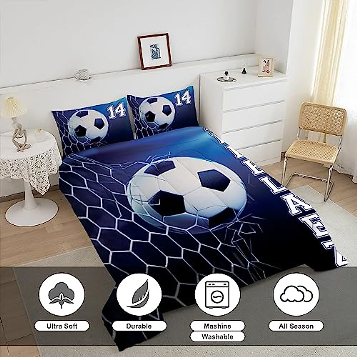 ZBIGTEE Soccer Bedding Twin Set Soccer Ball Full Boys Bedspread Soccer Room Decor Blue Goal Pattern Soccer Queen Bedding Sets for Boy Girl Teen, Sports Gaming Duvet Cover 3Pcs Printed Bed Sheet