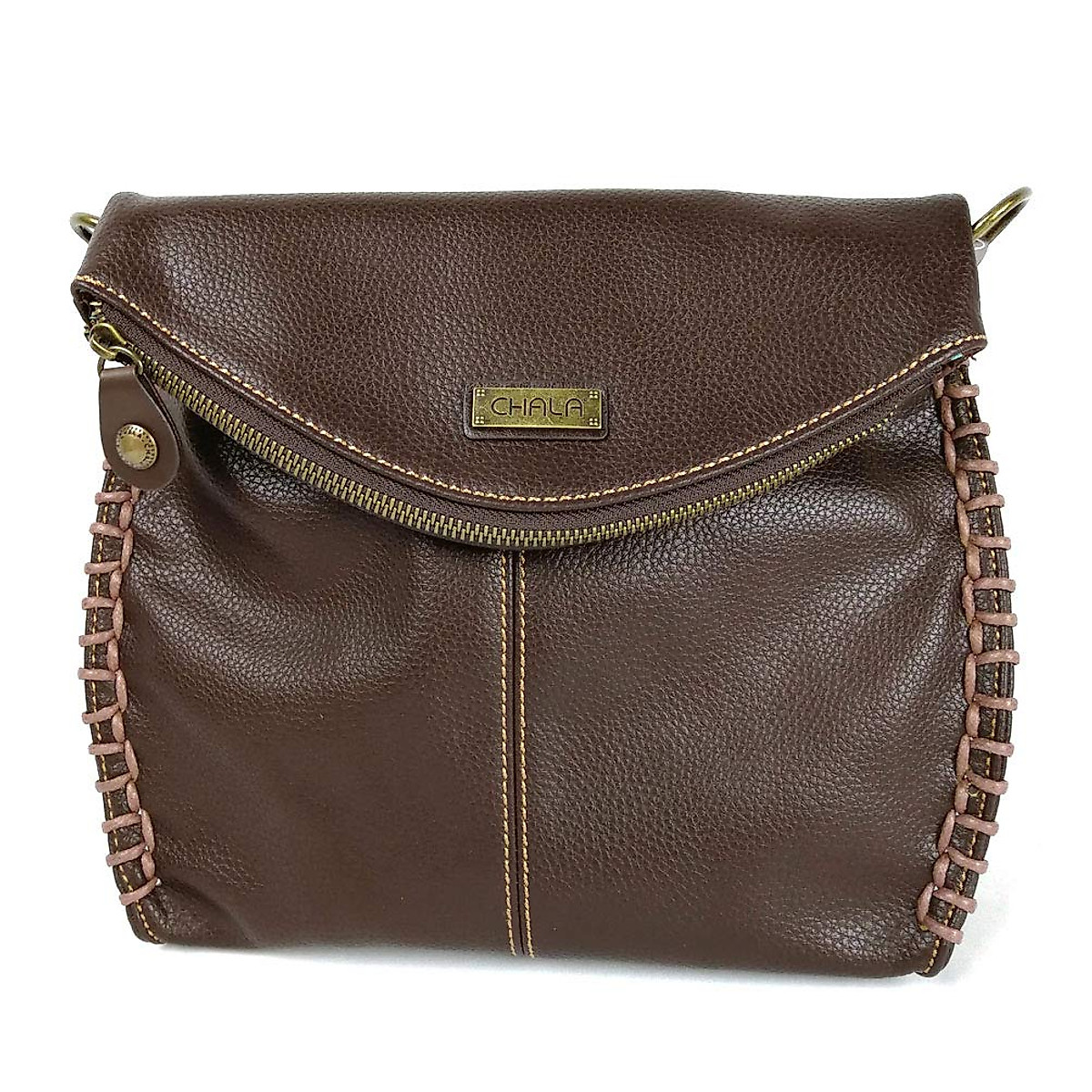 CHALA Charming Crossbody Bag with Zipper Flap Top and Metal Chain - Dark Brown (s828-DB-Blackcat)