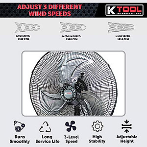 K Tool International 77733; 18 Inch Pedestal Fan; For Commercial and Residential Use, 3 Speed Motor, Wide Fan Blades Designed for Quiet Operation, Adjustable Height Pedestal, 1,810 Max CFM, Black