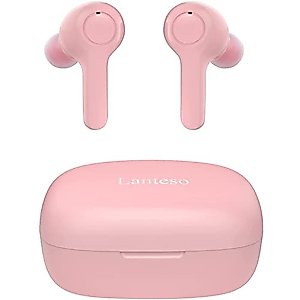 Lanteso True Wireless Earbuds, TWS Bluetooth Earbuds with Mics Noise Reduction Touch Control Bluetooth Headphones with Bass Sound in Ear Earphones for Music,Home Office… (Pink)
