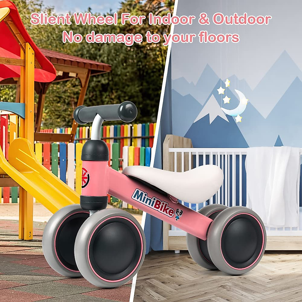 Baby Balance Bike Toys for 1 Year Old Boy Girl Gifts, 10-24 Month Toddler Balance Bike with 4 Silence Wheels, No Pedal Toddler First Bike, First Birthday Gifts Christmas for Boys and Girls (Pink)