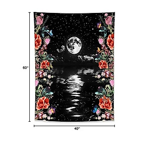 LB Full Moon Over Ocean Tapestry Wall Hanging, Moonlit Garden Tapestry, Night Sky Flower Plant on Black Background Wall Decor for Teen Bedroom Living Room Dorm Home Decor, 40 x 60 Inches