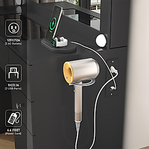 Vanity Desk with Lighted Mirror & Power Outlet, Makeup Vanity Table with 5 Drawers & 2 Cabinets, Large Vanity Set with Stool, Glass Top, Sliding Jewelry Storage Shelves, for Women Girls, Black