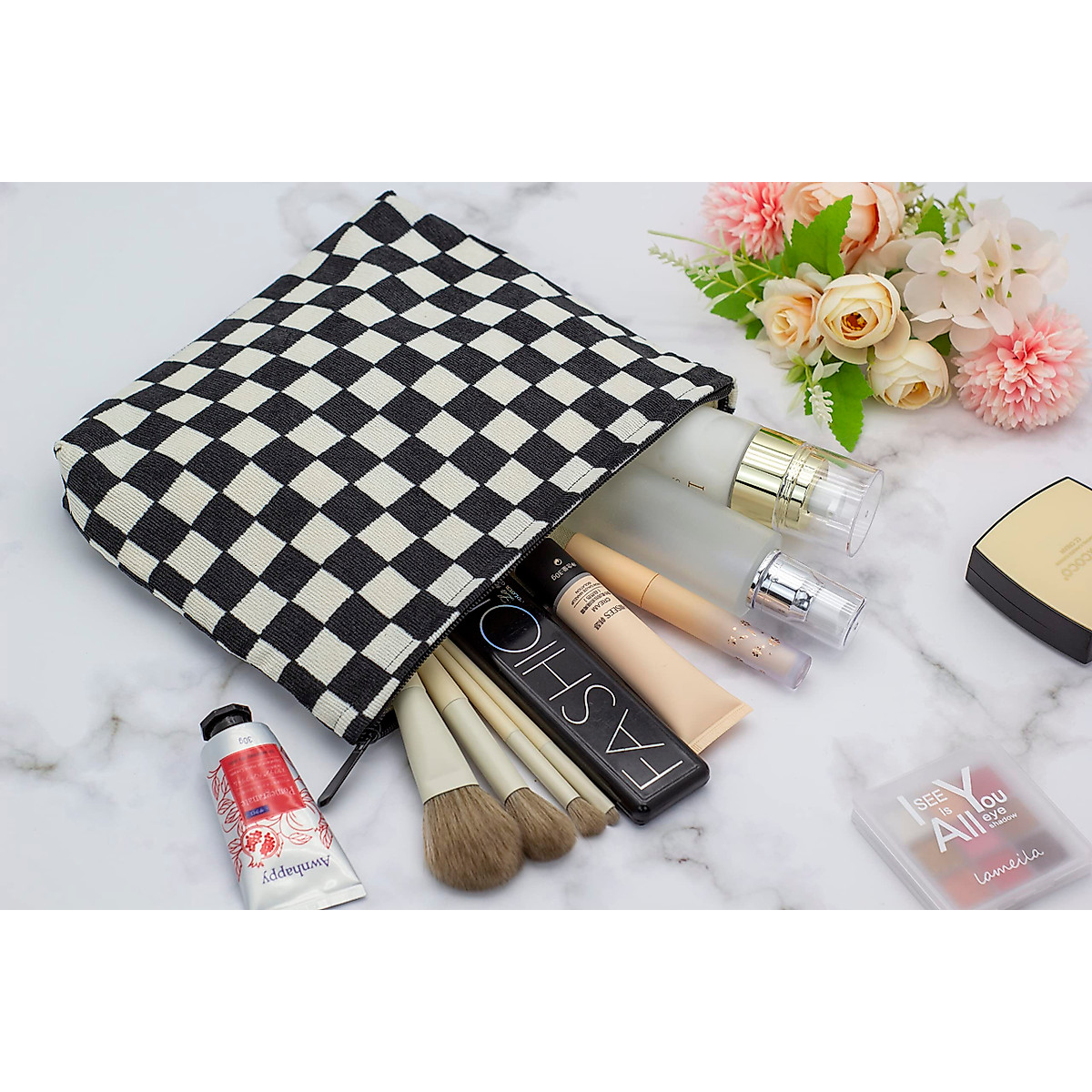 PAZIMIIK Makeup Bag Large Zipper Corduroy Make Up Pouch for Purse Travel Canvas Cosmetic Organizer for Women Brush Storage,Checkered Black