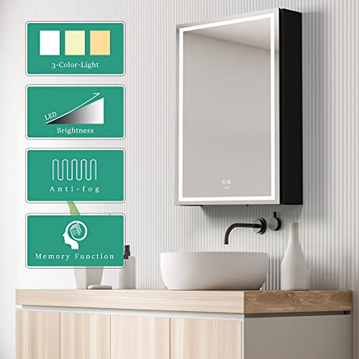 KWW 20 x 28 Inch LED Lighted Bathroom Medicine Cabinet with Mirror, Defogger, Dimmer, 3 Color Light Makeup Mirror, Outlets & USBs, Easy to Install, Wall Mounted Mirror Medicine Cabinet