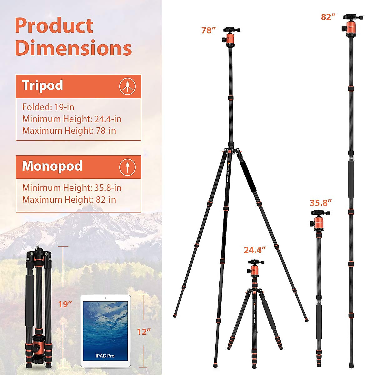 GEEKOTO 79 inches Carbon Fiber Camera Tripod Monopod with 360 Degree Ball Head 1/4 inch Quick Shoe Plate Professional Tripod Load up to 26.5 pounds