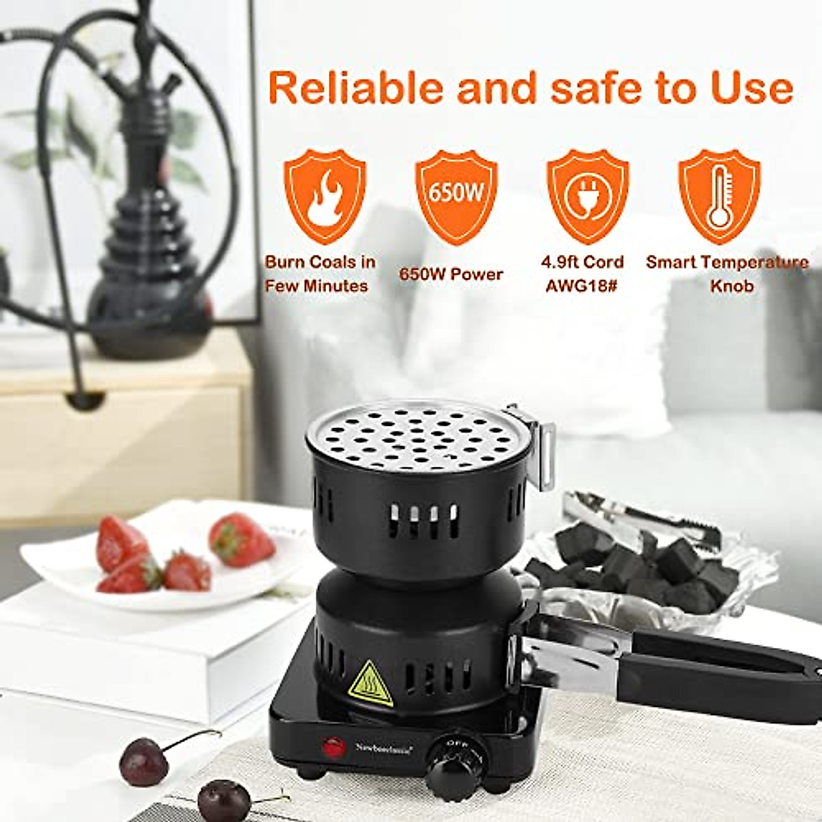 NewBeeclassic Electric Charcoal Starter,650W Durable Faster Coals Burner with Detachable Handle Stainless Steel Grill 49ft Cable,Multipurpose Fast Heating for Hookah BBQ Kitchen etc