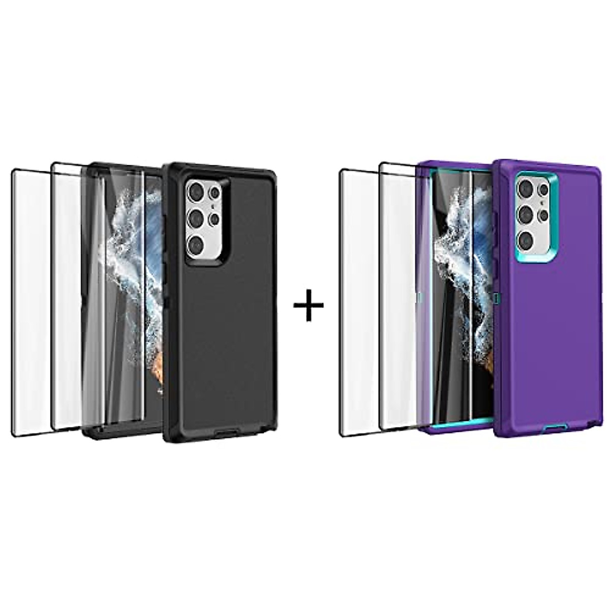 AICase Bundle for Galaxy S22 Ultra Case with Screen Protector (Bundle of Purple/Pool Blue Case+Black Case)