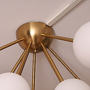 BAODEN Large 9 Lights Modern Globe Semi Flush Mount Ceiling Light Mid Century Sputnik Chandeliers with White Globe Glass Lampshade Brushed Brass Elegant Light Fixture for Living Room Lighting(Gold)