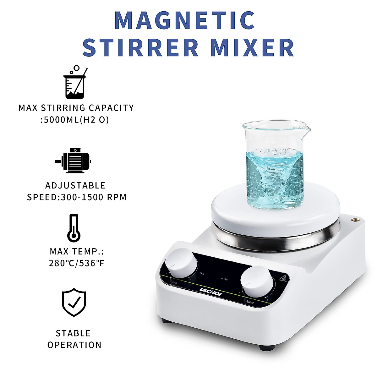 LACHOI Magnetic Stirrer Hot Plate Mixer 280℃ Hot Plate Magnetic Stir Plate 300-1500RPM 5000ml Stirring Capacity Magnetic Hotplate Stirrer with Stirring Bar Lab Stirrer(Heating)