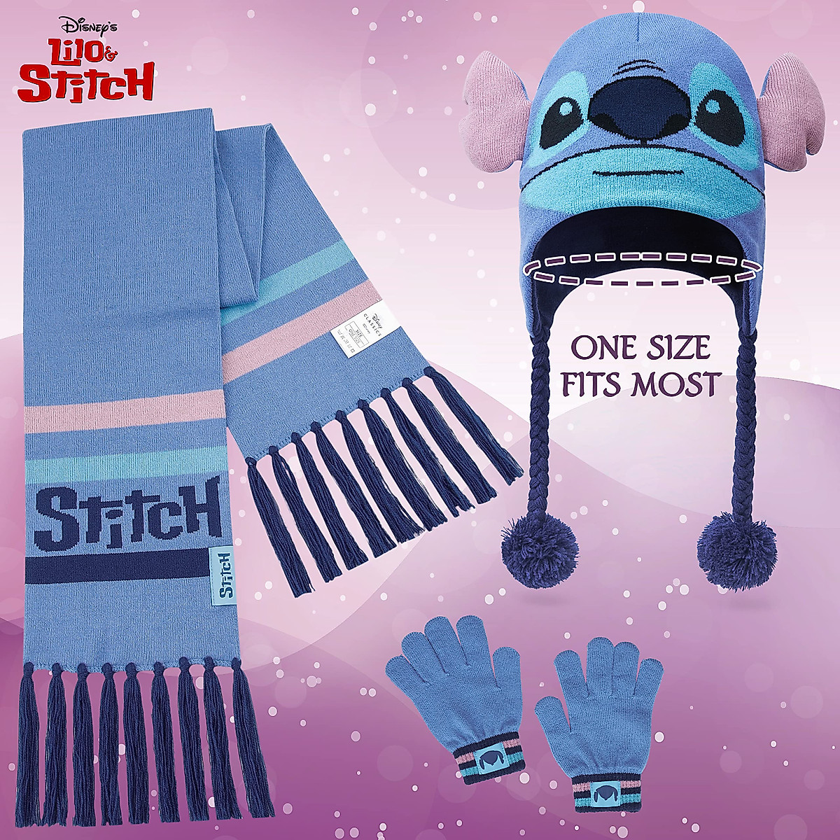 Disney Stitch Girls Beanie Scarf Teenagers Kids Gloves Winter Accessories Stitch Gifts, Different Sets to Choose (Blue Stitch 3 Pcs)