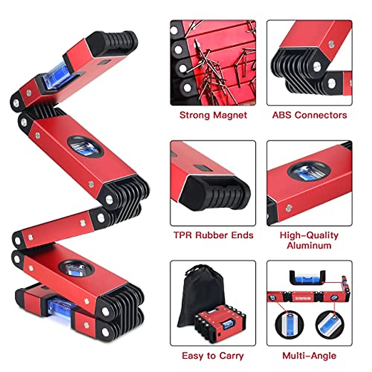 Multi-Function Foldable Level Measuring Tool 28 Inch Folding Level Magnetic Woodworking Tools 4 Level Bubbles Accurate Multi-Angle Measurement Level Tool with Pocket Level, Storage Bag