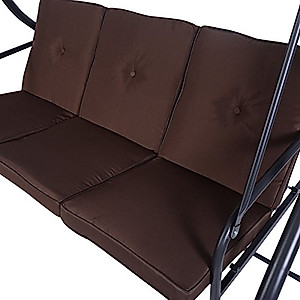 Tangkula Converting Outdoor Swing Patio Porch Garden Swing with Comfortable Cushion Seats, Adjustable Canopy & Coated Steel Frame Hammock 3 Seats Patio Deck Furniture (Brown)